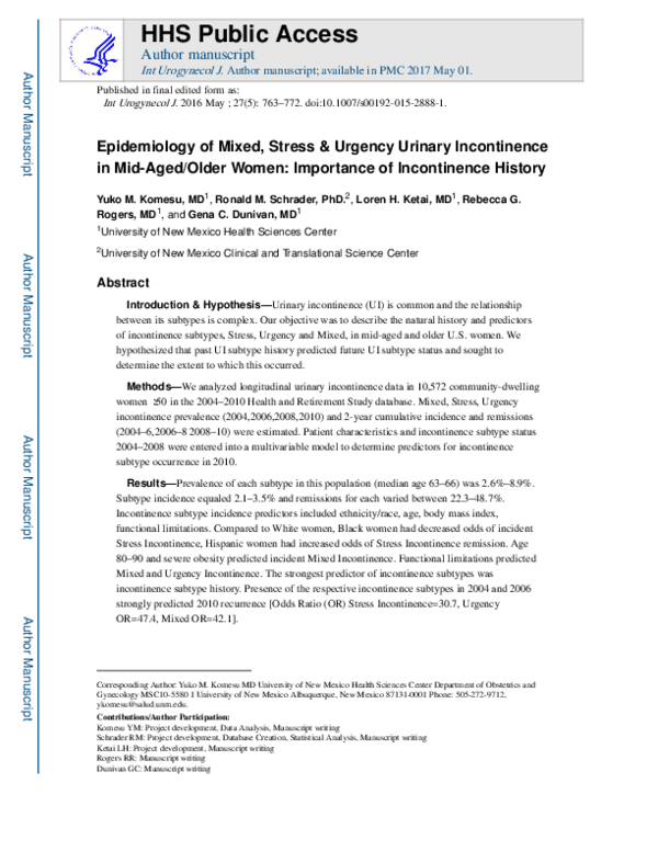 (PDF) Epidemiology of mixed, stress, and urgency urinary incontinence ...
