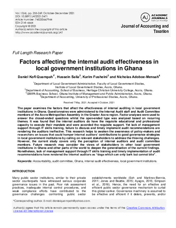 (PDF) Factors affecting the internal audit effectiveness in local government institutions in Ghana
