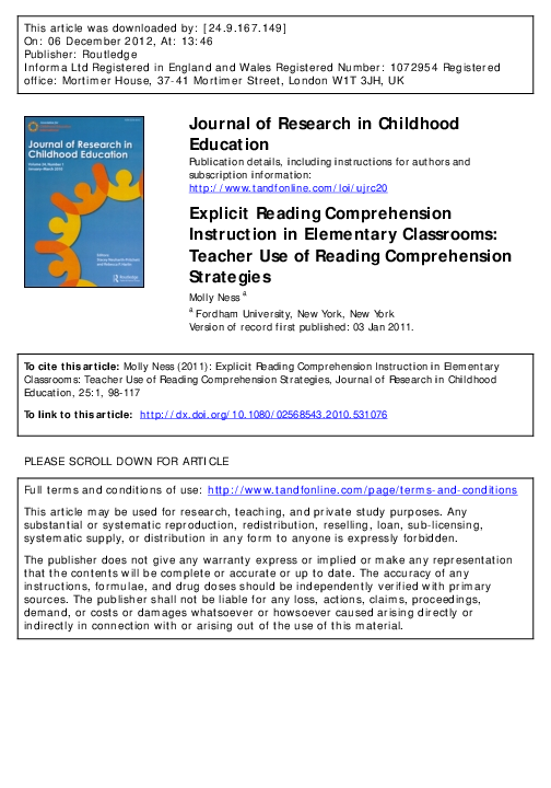(PDF) Explicit Reading Comprehension Instruction in Elementary Classrooms: Teacher Use of ...