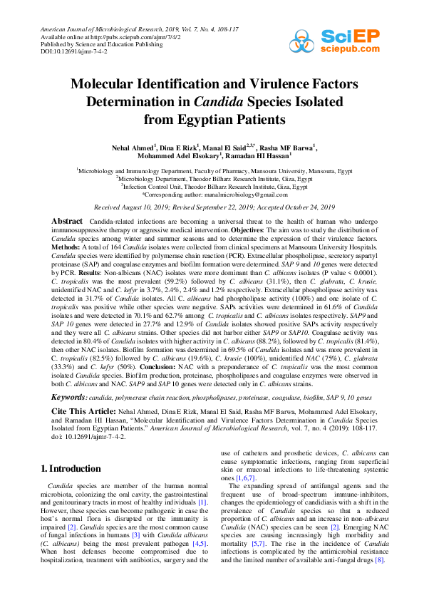 (PDF) Molecular Identification and Virulence Factors Determination in Candida Species Isolated ...