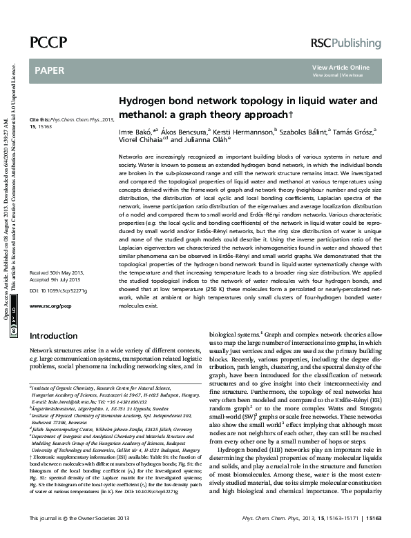 (PDF) Hydrogen bond network topology in liquid water and methanol: a ...