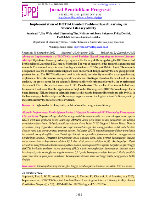 (PDF) Implementation of HOTS-Oriented Problem Based Learning on Science Literacy Ability