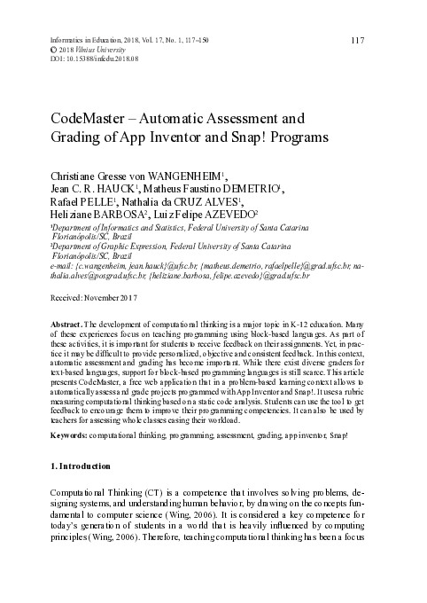 (PDF) CodeMaster - Automatic Assessment and Grading of App Inventor and ...