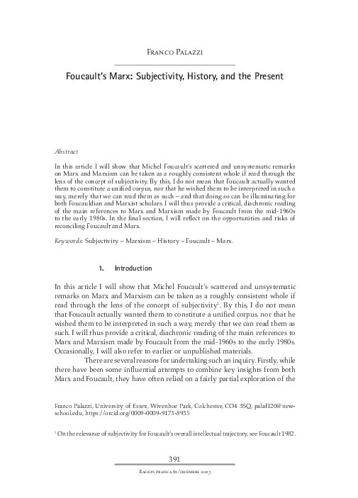 (PDF) Foucault’s Marx: Subjectivity, History, and the Present