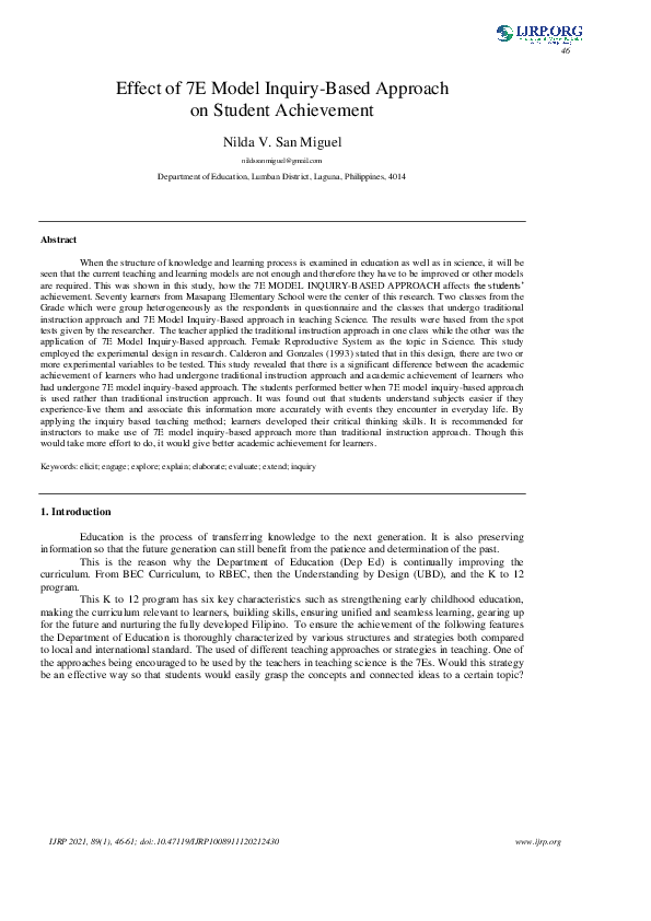 (PDF) Effect of 7E Model Inquiry-Based Approach on Student Achievement