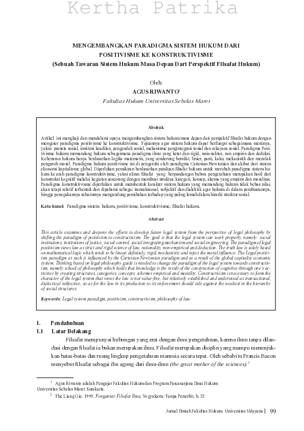(PDF) MENGEMBANGKAN PARADIGMA SISTEM HUKUM DARI POSITIVISME KE KONSTRUKTIVISME (Sebuah Tawaran ...