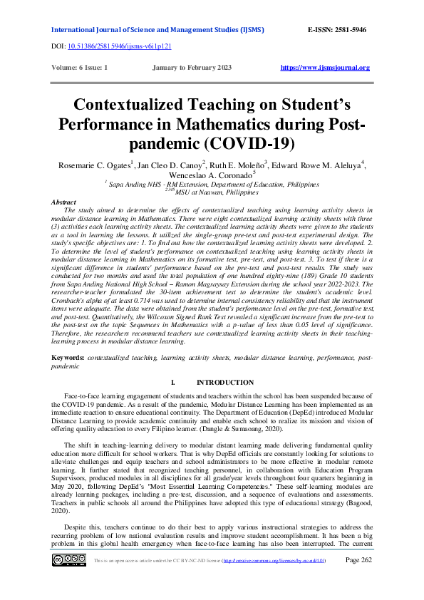 (PDF) Contextualized Teaching on Student’s Performance in Mathematics ...