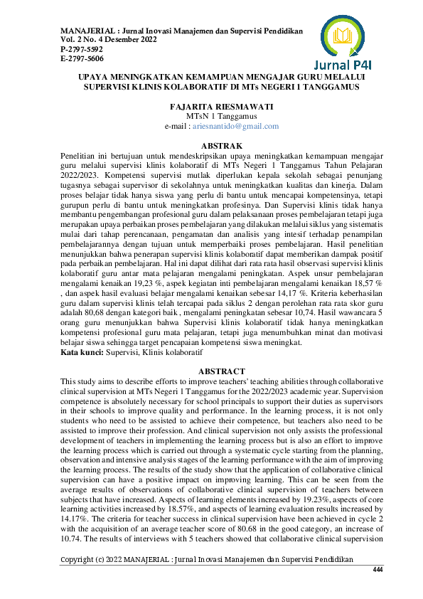 (PDF) UPAYA MENINGKATKAN KEMAMPUAN MENGAJAR GURU MELALUI SUPERVISI KLINIS KOLABORATIF DI MTs ...