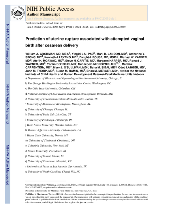 Pdf Prediction Of Uterine Rupture Associated With Attempted Vaginal