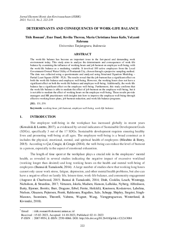 (PDF) Determinants and Consequences of Work-Life Balance | Titik Rosnani - Academia.edu