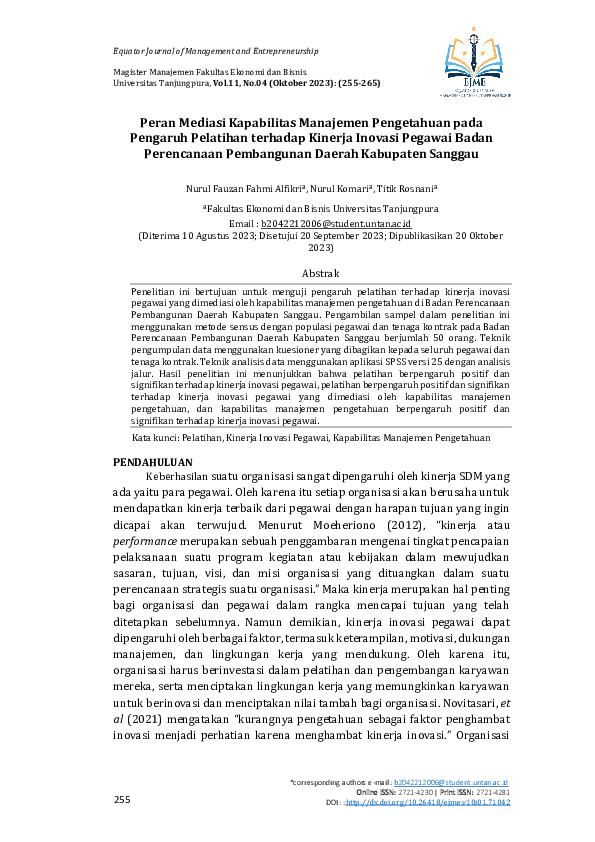 (PDF) Peran Mediasi Kapabilitas Manajemen Pengetahuan pada Pengaruh Pelatihan terhadap Kinerja ...
