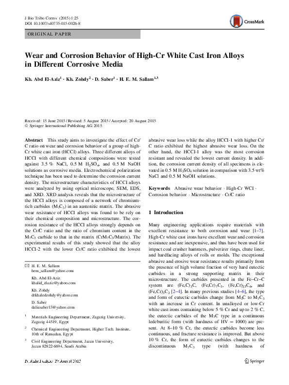 (PDF) Wear and Corrosion Behavior of High-Cr White Cast Iron Alloys in Different Corrosive Media