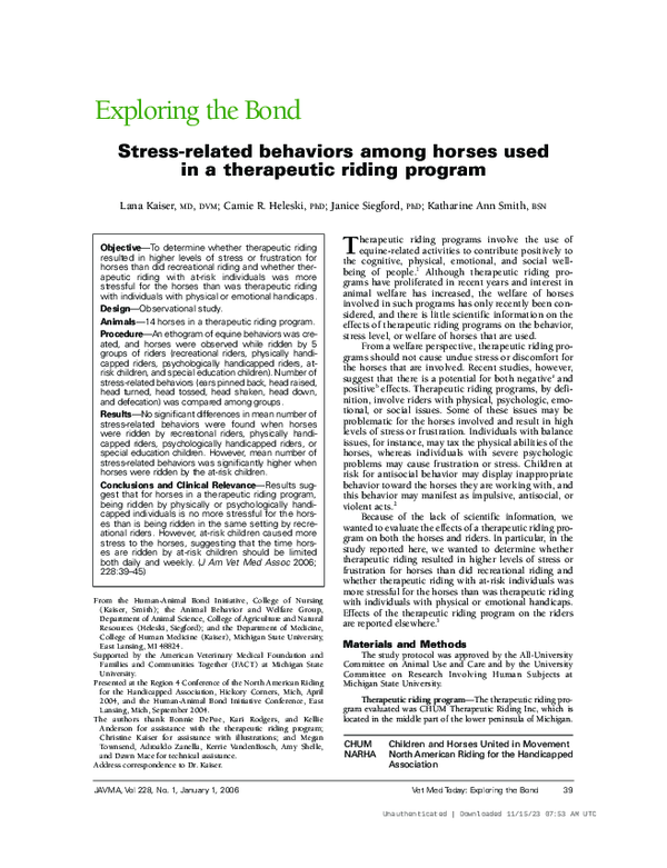 (PDF) Stress-related behaviors among horses used in a therapeutic ...
