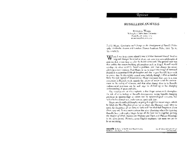(PDF) Russellian Analysis [review of Paul J. Hager, Continuity and ...