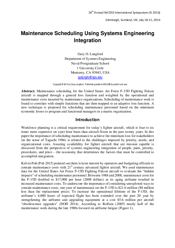 (PDF) Maintenance Scheduling Using Systems Engineering Integration