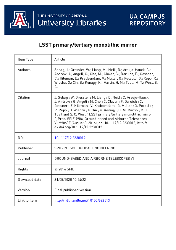 (PDF) LSST primary/tertiary monolithic mirror