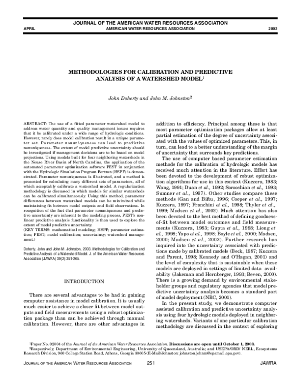 (PDF) Methodologies for Calibration and Predictive Analysis of a Watershed Model