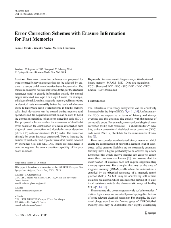 (PDF) Error-correction schemes with erasure information for fast memories