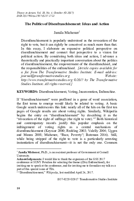 (PDF) The Politics of Disenfranchisement: Ideas and Action