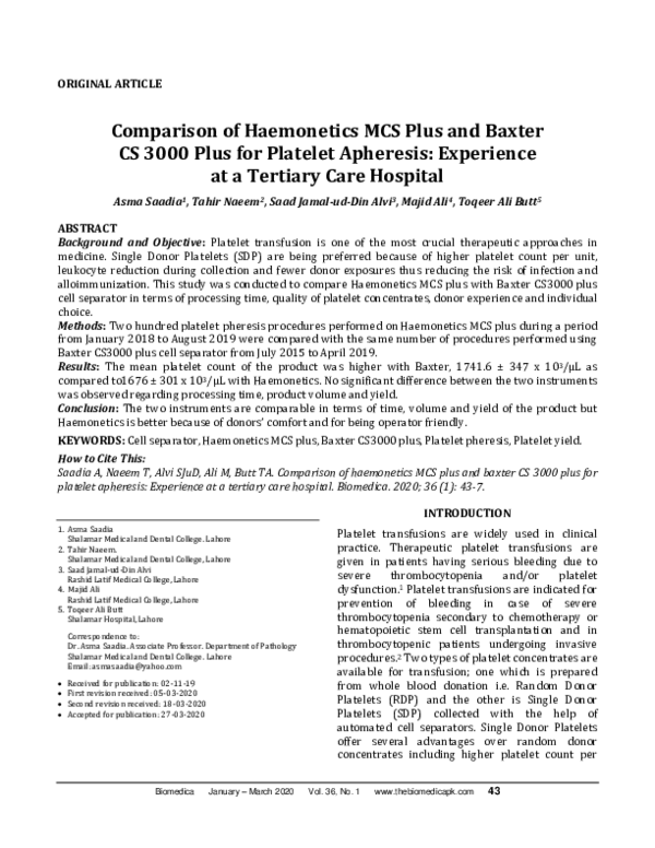 (PDF) Comparison of Haemonetics MCS Plus and Baxter CS 3000 Plus for ...