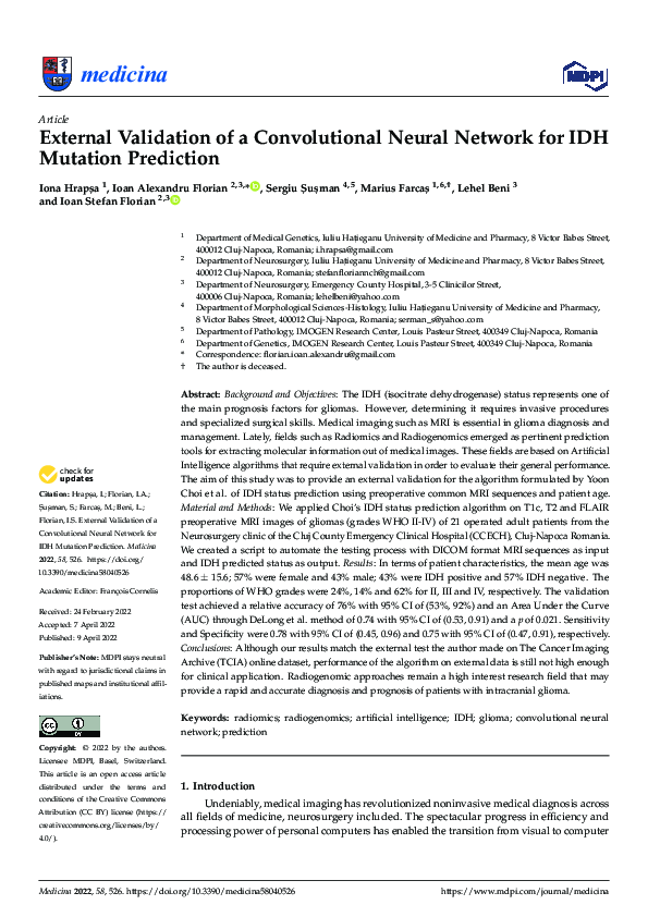 (PDF) External Validation of a Convolutional Neural Network for IDH Mutation Prediction