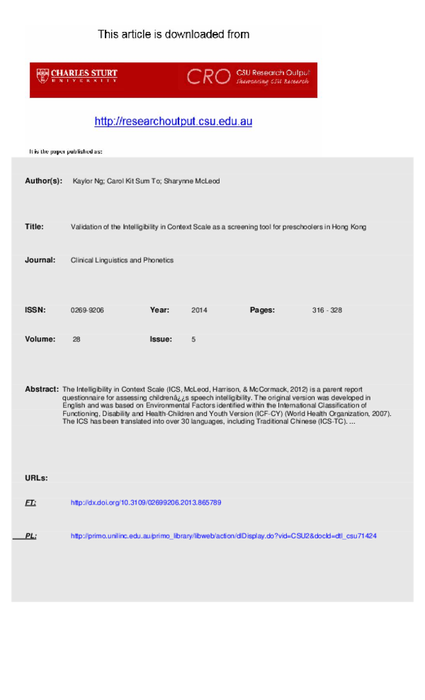 (PDF) Validation of the Intelligibility in Context Scale as a screening ...