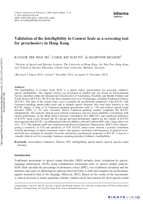 (PDF) Validation of the Intelligibility in Context Scale as a screening ...