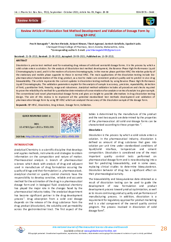 Pdf Review Article Of Dissolution Test Method Development And Validation Of Dosage Form By