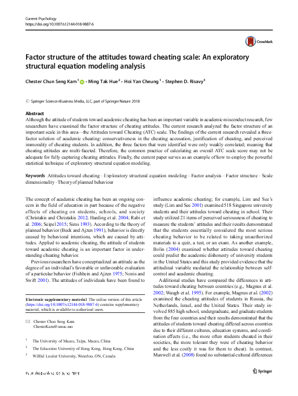 Pdf Factor Structure Of The Attitudes Toward Cheating Scale An Exploratory Structural