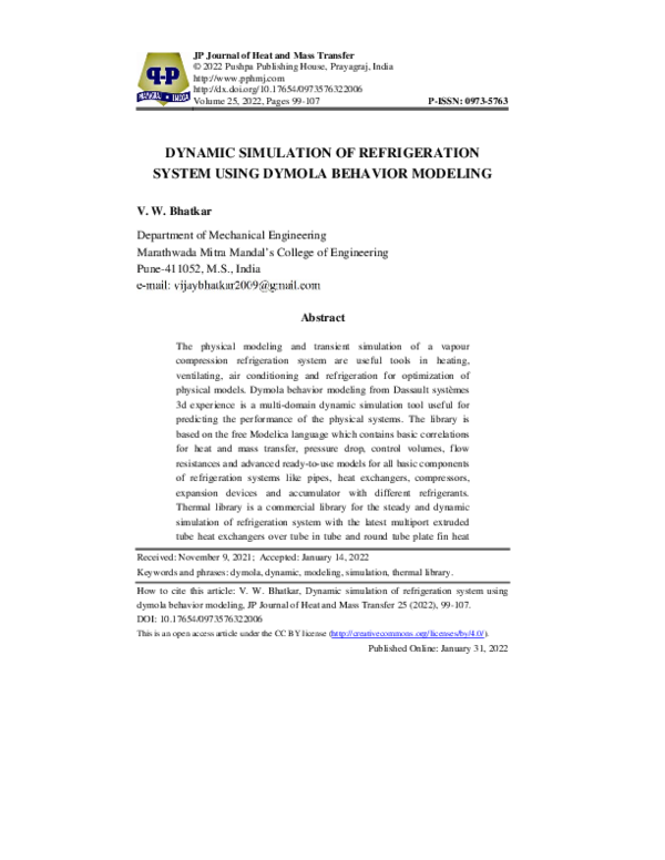 (PDF) Dynamic Simulation of Refrigeration System Using Dymola Behavior Modeling