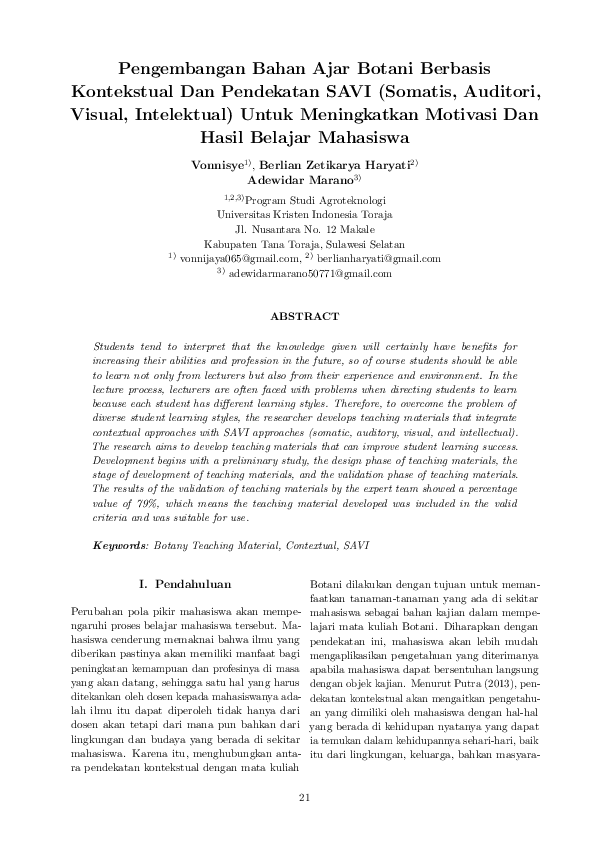 (PDF) Pengembangan Bahan Ajar Botani Berbasis Kontekstual Dan Pendekatan SAVI (Somatis, Auditori ...