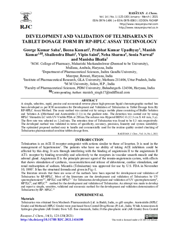 (PDF) Development and Validation of Telmisartan in Tablet Dosage Form by RP-HPLC Assay Technology