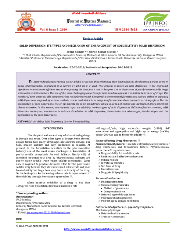 (PDF) Solid Dispersion: Its Types and Mechanism of Enhancement of ...