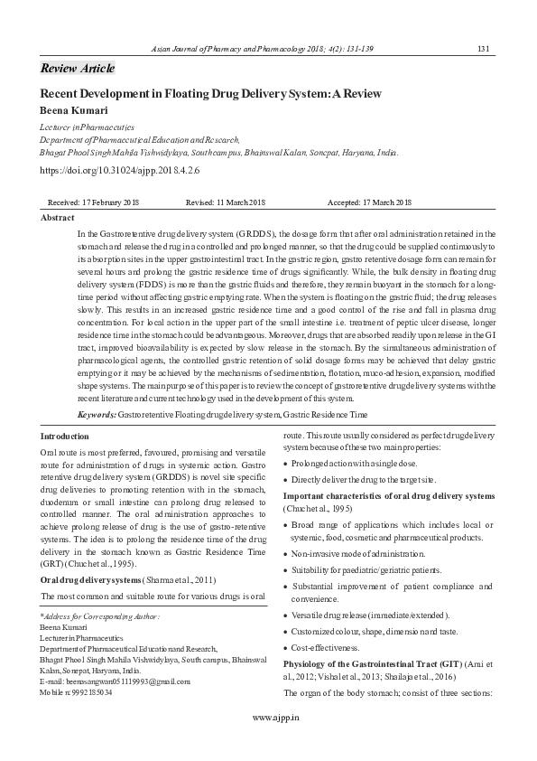 (PDF) Recent Development in Floating Drug Delivery System: A Review