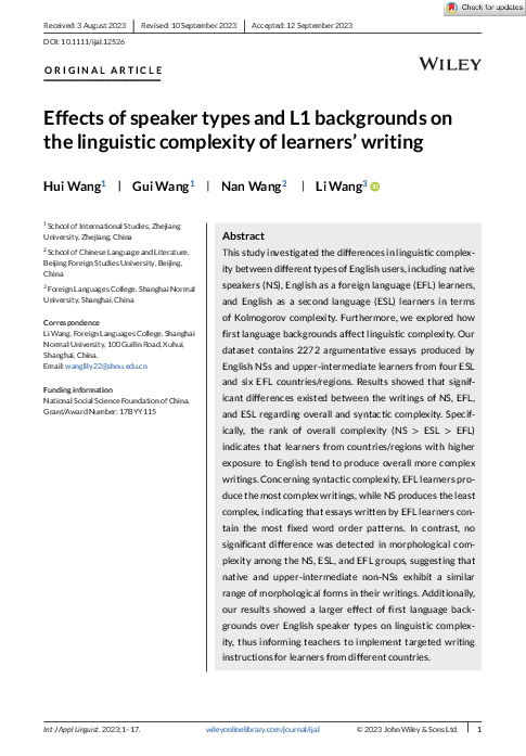 Pdf Effects Of Speaker Types And L1 Backgrounds On The Linguistic Complexity Of Learners Writing