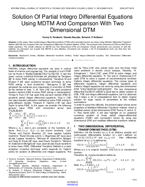 (PDF) Solution Of Partial Integro Differential Equations Using Mdtm And Comparison With Two ...