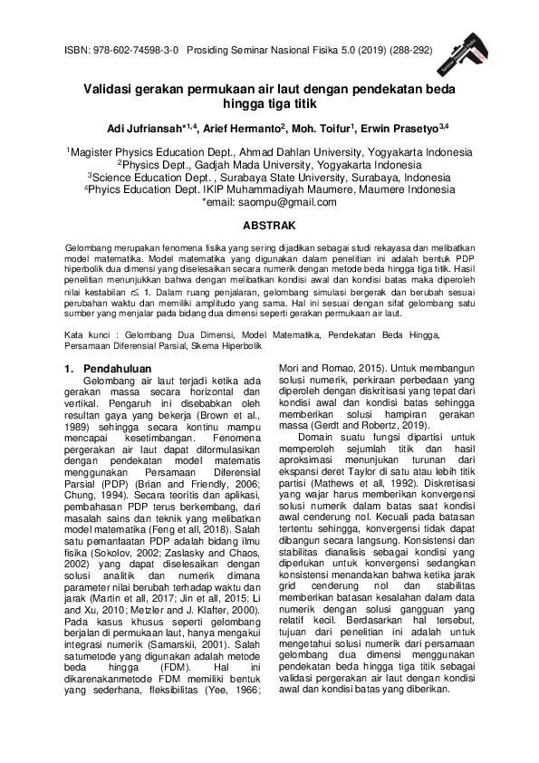 (PDF) Validasi gerakan permukaan air laut dengan pendekatan beda hingga ...