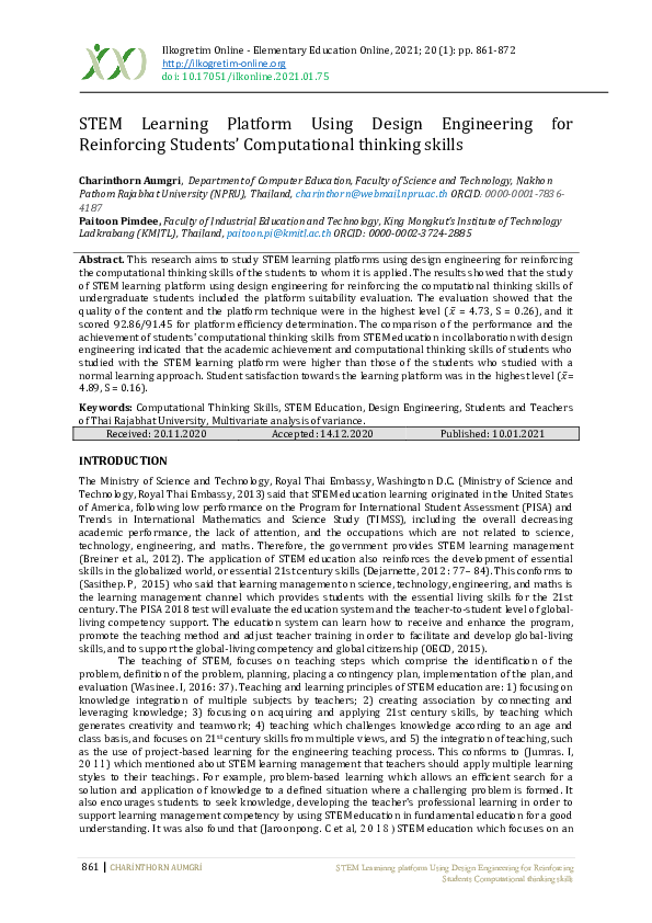 (PDF) STEM Learning Platform Using Design Engineering for Reinforcing Students’ Computational ...