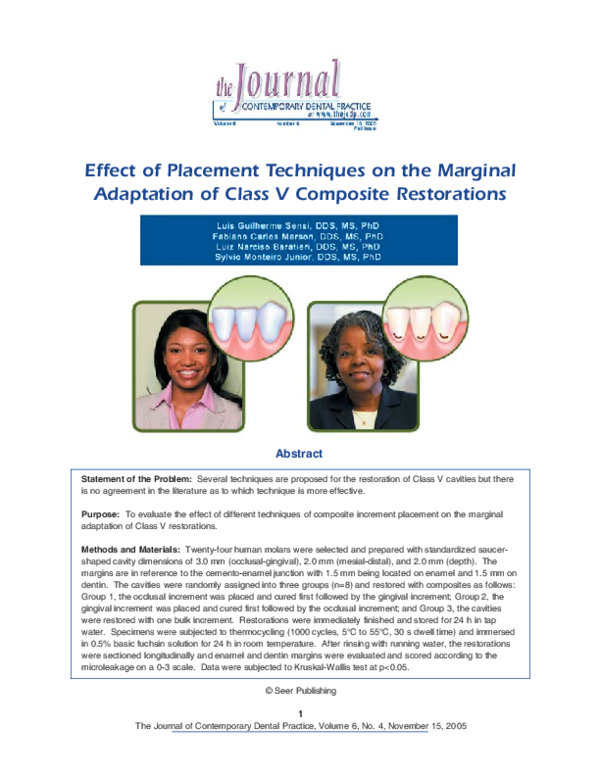 Pdf Effect Of Placement Techniques On The Marginal Adaptation Of Class V Composite Restorations