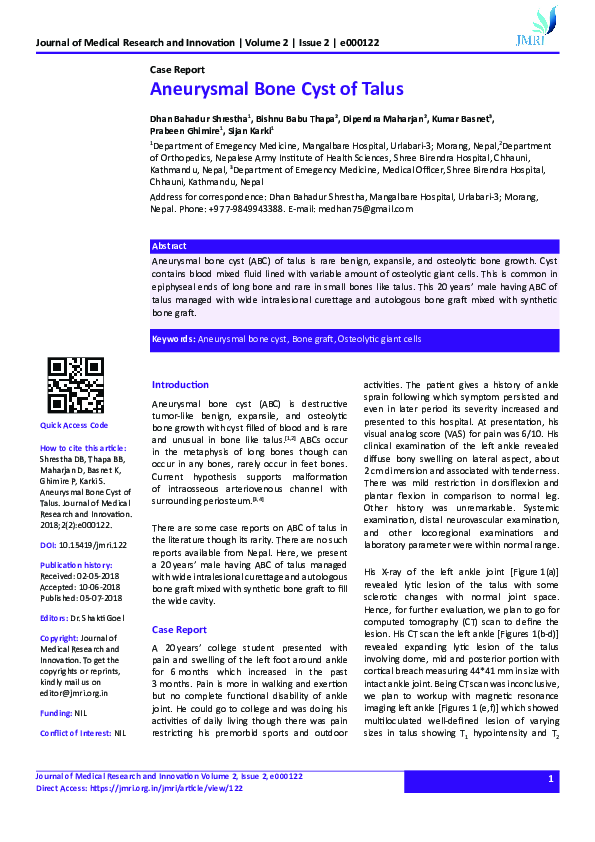 (PDF) Rare Aneurysmal Bone Cyst in the Talus: A Case Study