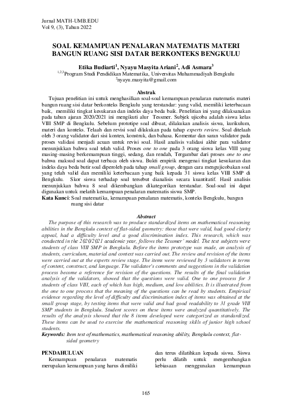 (PDF) Soal Kemampuan Penalaran Matematis Materi Bangun Ruang Sisi Datar Berkonteks Bengkulu