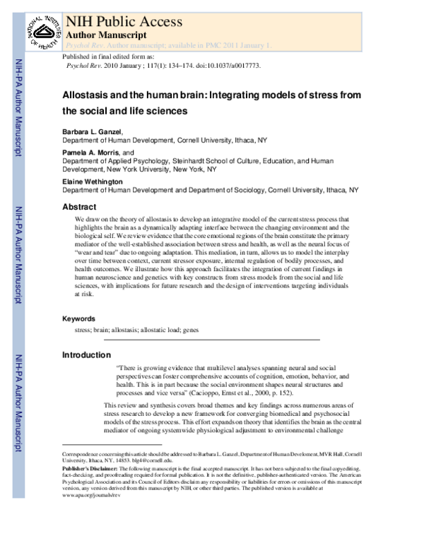 (PDF) Allostasis and the human brain: Integrating models of stress from the social and life sciences