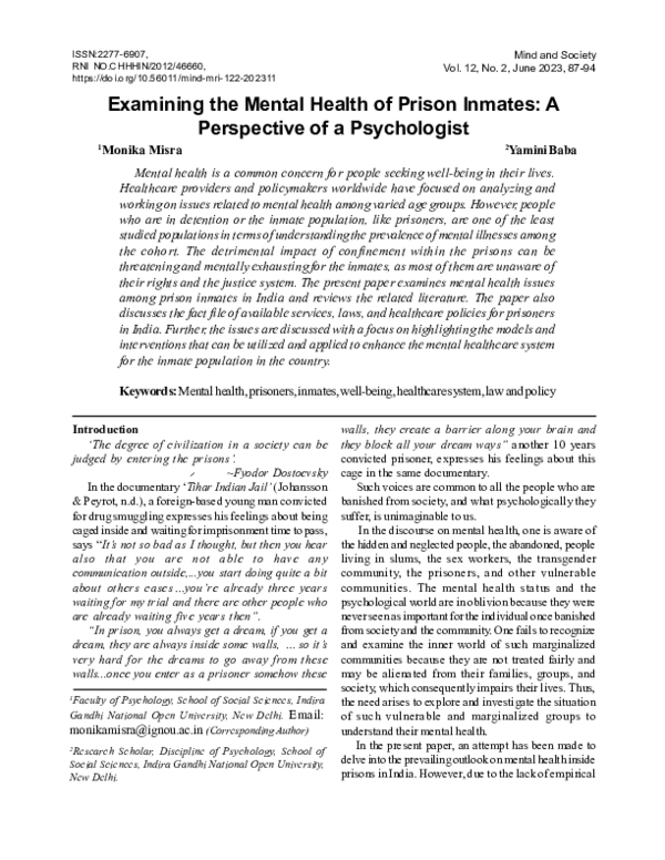 (PDF) Examining the Mental Health of Prison Inmates: A Perspective of a ...