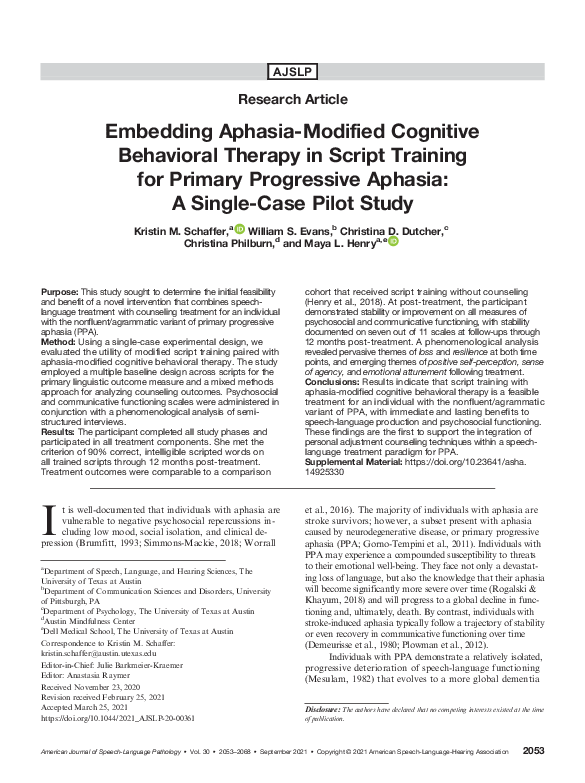 (PDF) Embedding Aphasia-Modified Cognitive Behavioral Therapy in Script Training for Primary ...