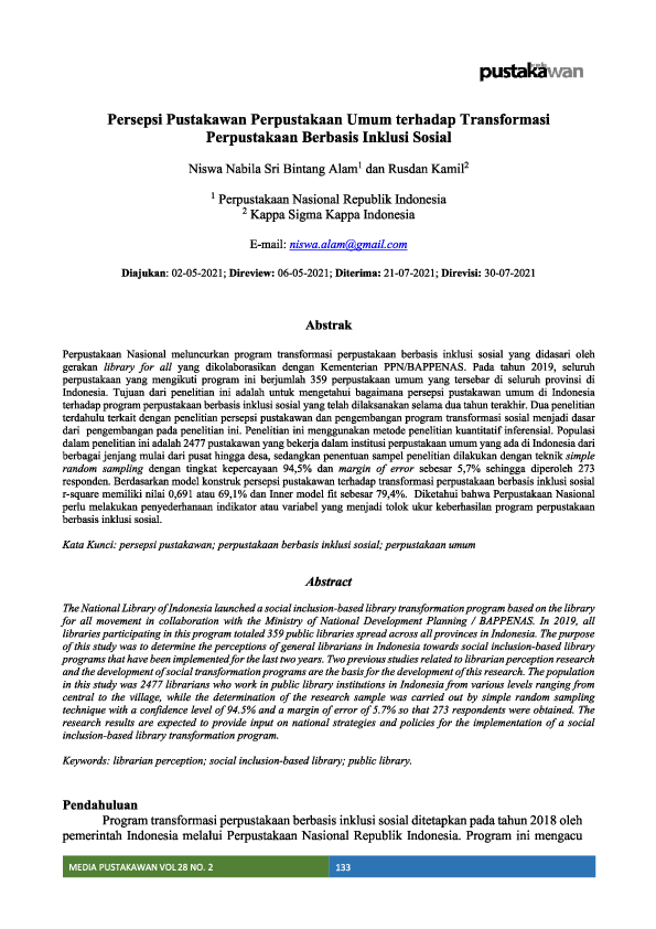 (PDF) Persepsi Pustakawan Perpustakaan Umum terhadap Transformasi Perpustakaan Berbasis Inklusi ...