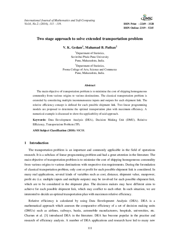 (PDF) Two Stage Approach to Solve Extended Transportation Problem