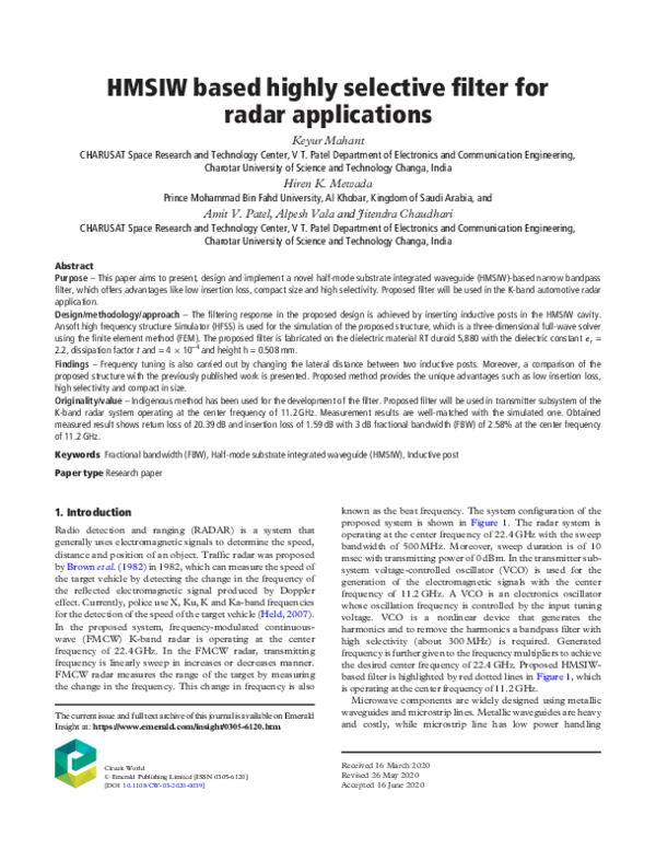 (PDF) HMSIW based highly selective filter for radar applications