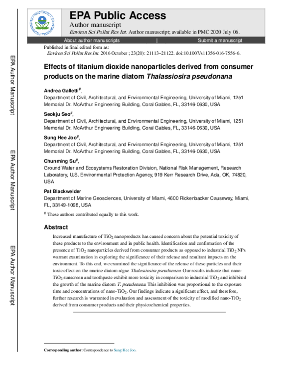 (PDF) Effects of titanium dioxide nanoparticles derived from consumer products on the marine ...