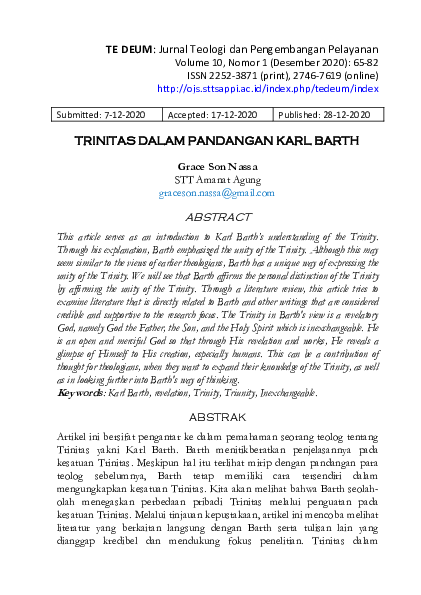 (PDF) Trinitas dalam Pandangan Karl Barth