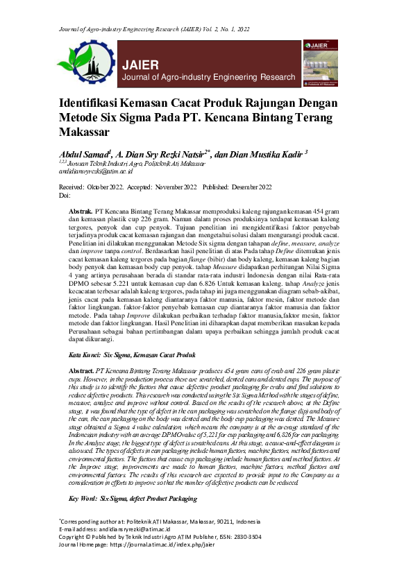 (PDF) Identifikasi Kemasan Cacat Produk Rajungan Dengan Metode Six ...